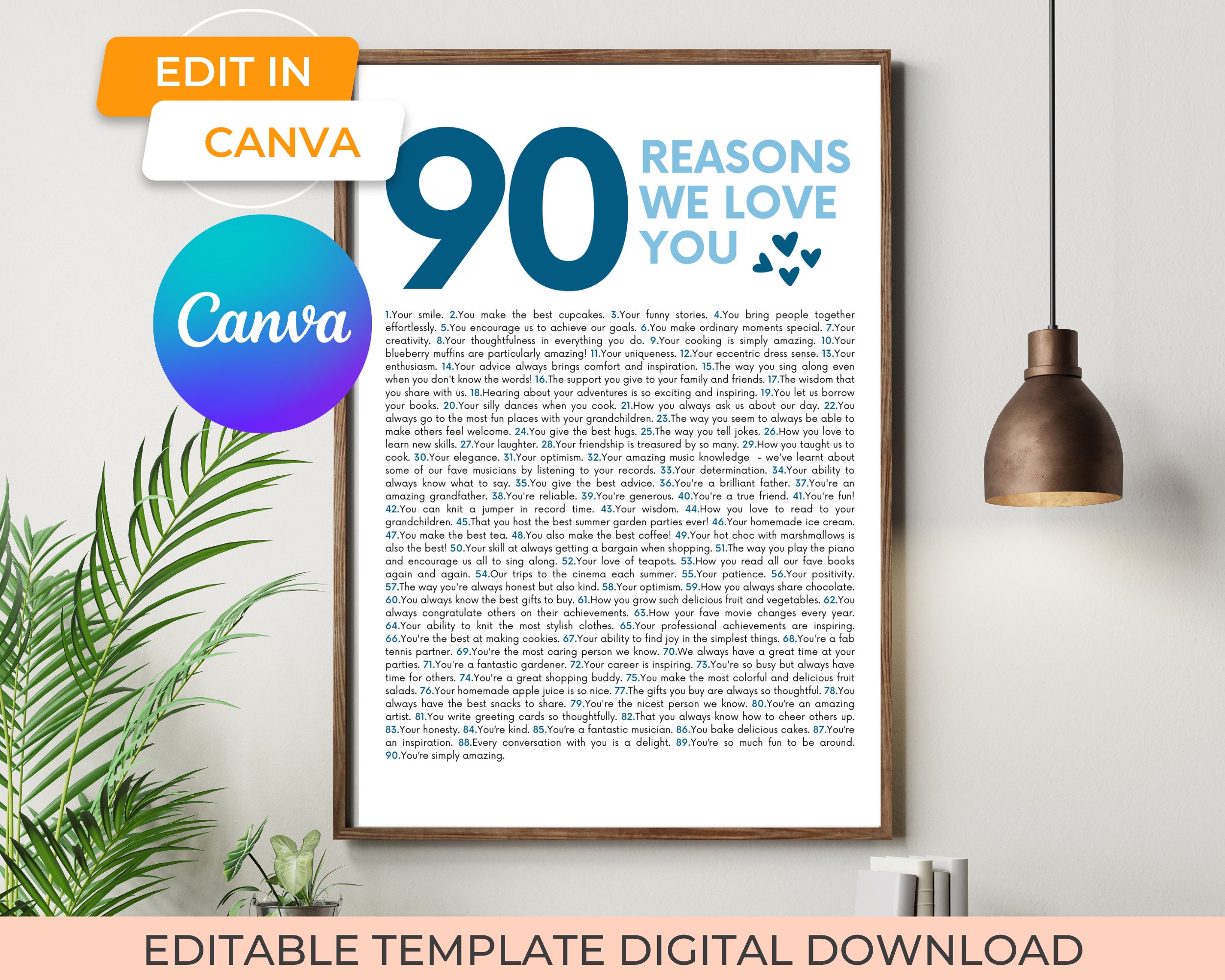 90 Reasons We Love You Canva Template Printable Poster Sign ...