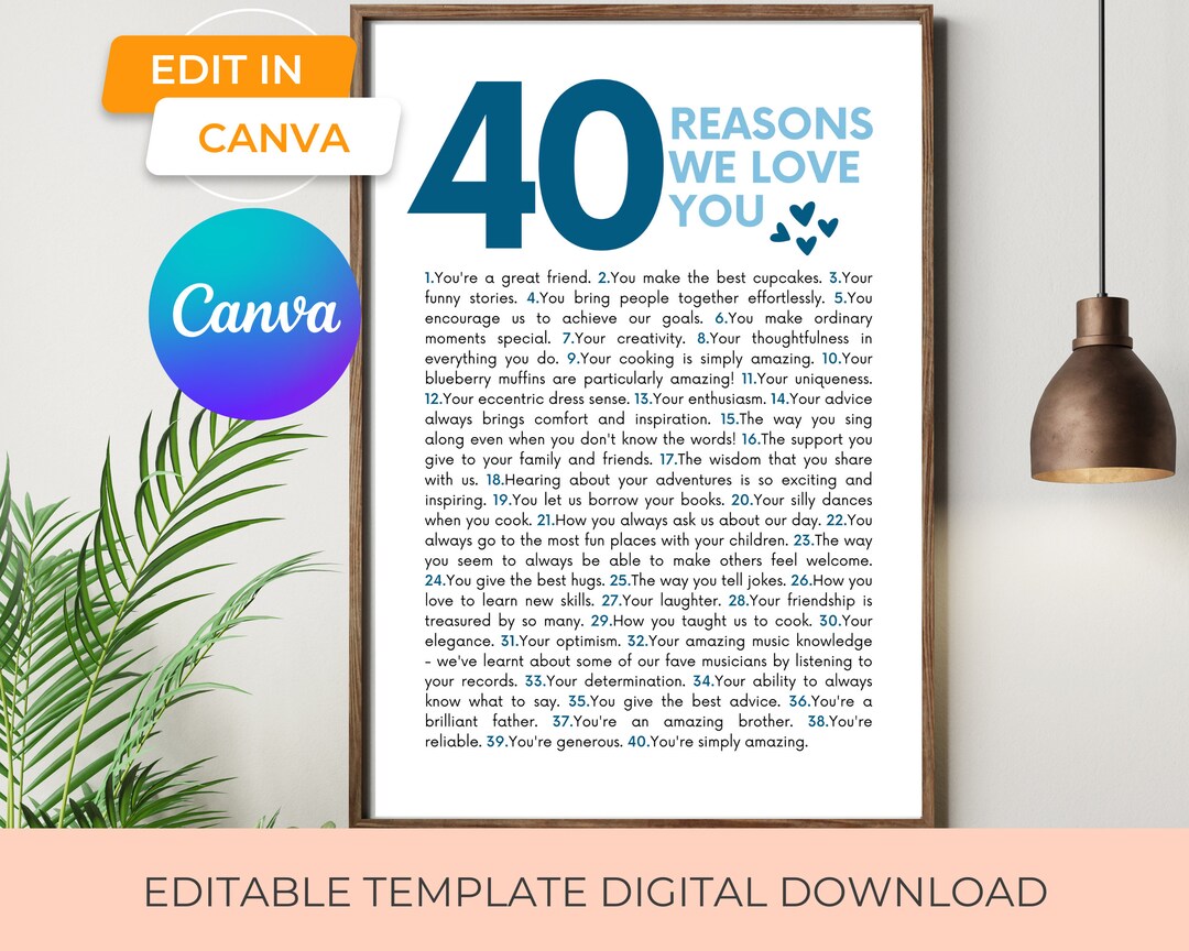 40 Reasons We Love You Self Edit Canva Template, Printable Forty Things ...