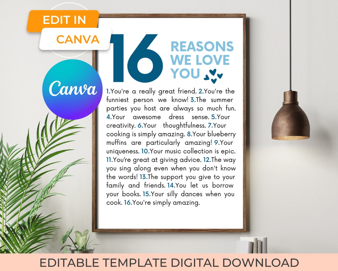 16 Reasons We Love You 16th Birthday Gift Canva Template, 16 Things We ...