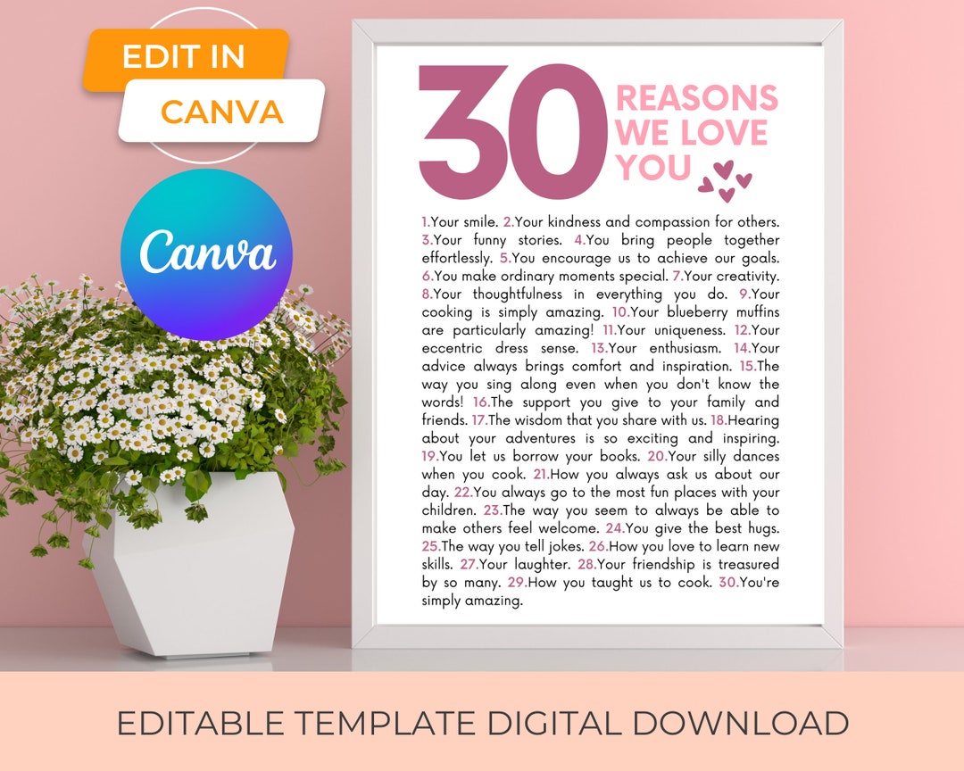 Printable 30 Reasons We Love You Gift Template, Thirty Things We Love ...
