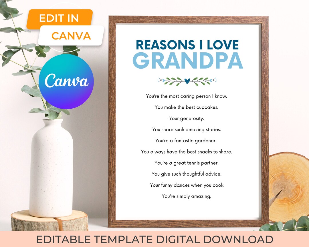 Editable Reasons I Love Grandpa Printable Wall Art Template ...
