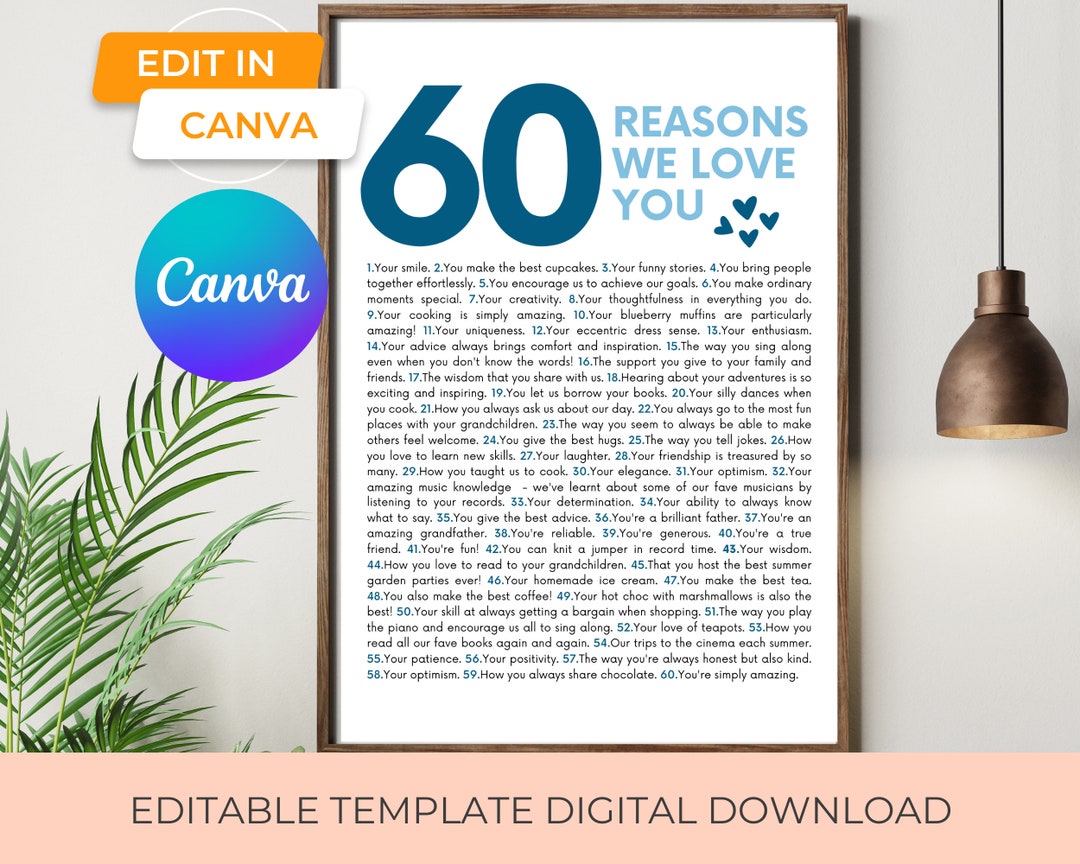 60 Reasons We Love You Canva Template Printable Wall Art, 60 Things We ...