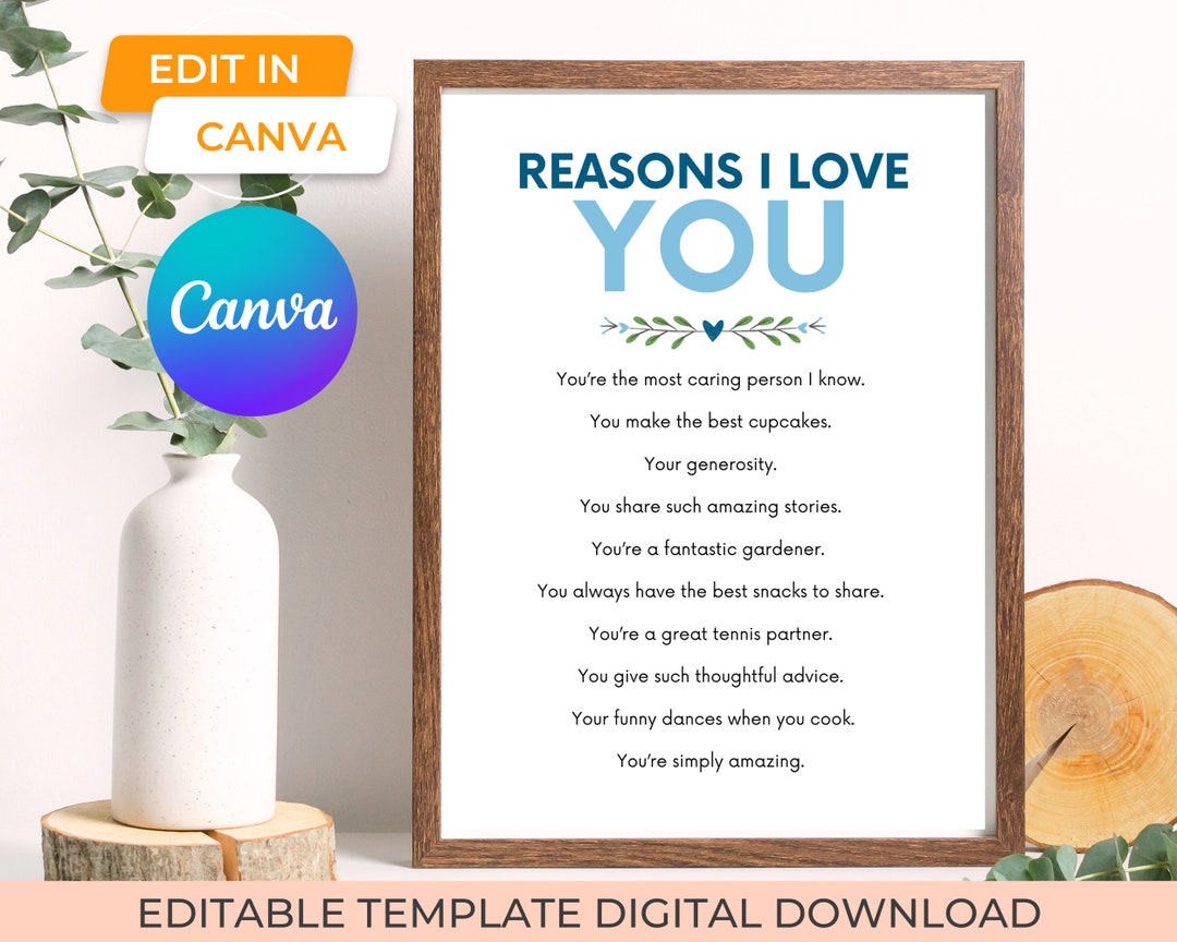 Reasons Why I Love You Printable Gift Template, 1st Anniversary ...