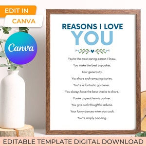 Reasons Why I Love You Printable Gift Template, 1st Anniversary ...