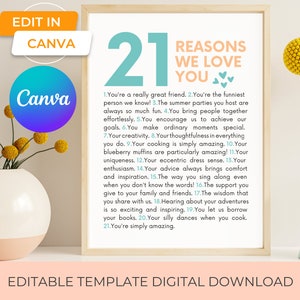 21 Reasons We Love You Printable 21st Birthday Gift, Canva Template for ...