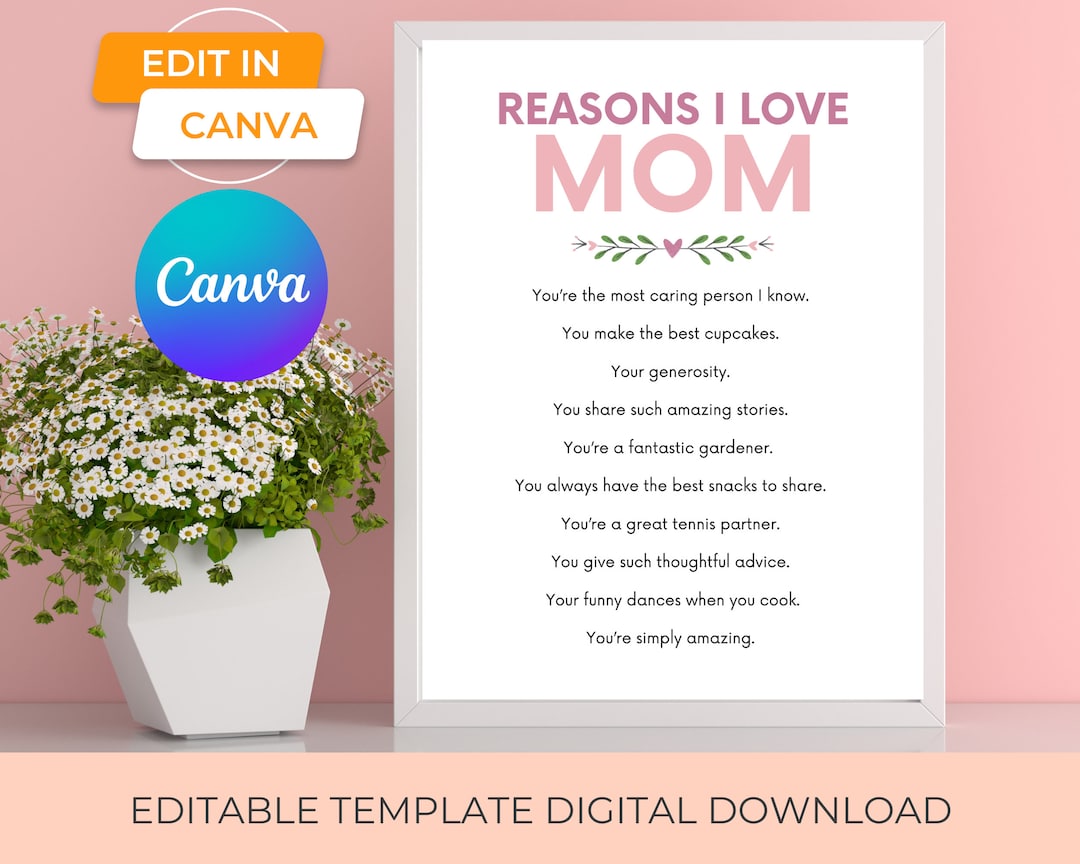 Reasons I Love You Mom Diy Mothers Day Gift From Kids, Things I Love ...