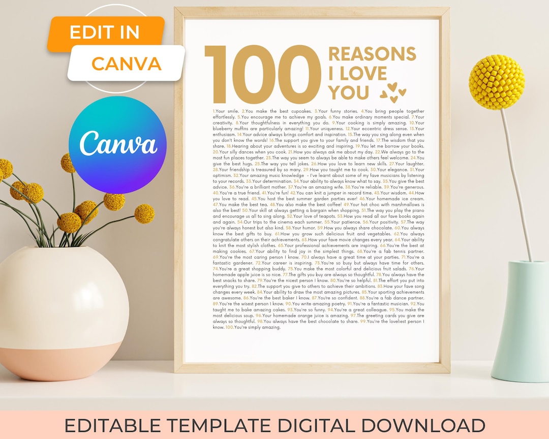 100 Reasons I Love You Template 100th Birthday Gift, One Hundred Things ...