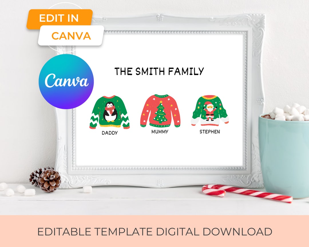 Family Portrait With Names Christmas Wall Art Printable Gift, Seasonal ...