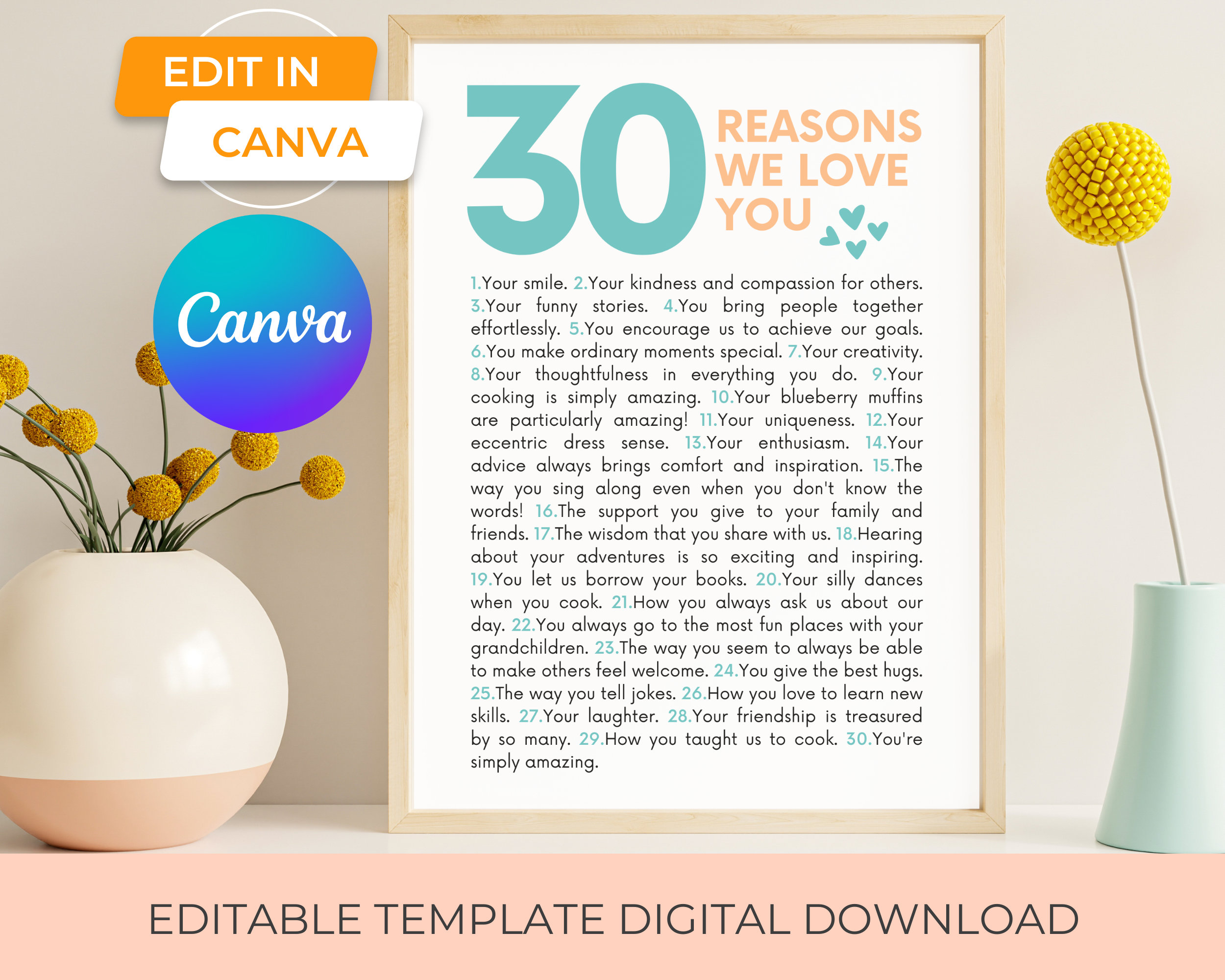 30 Reasons We Love You Canva Template Printable Wall Art Friend Group ...