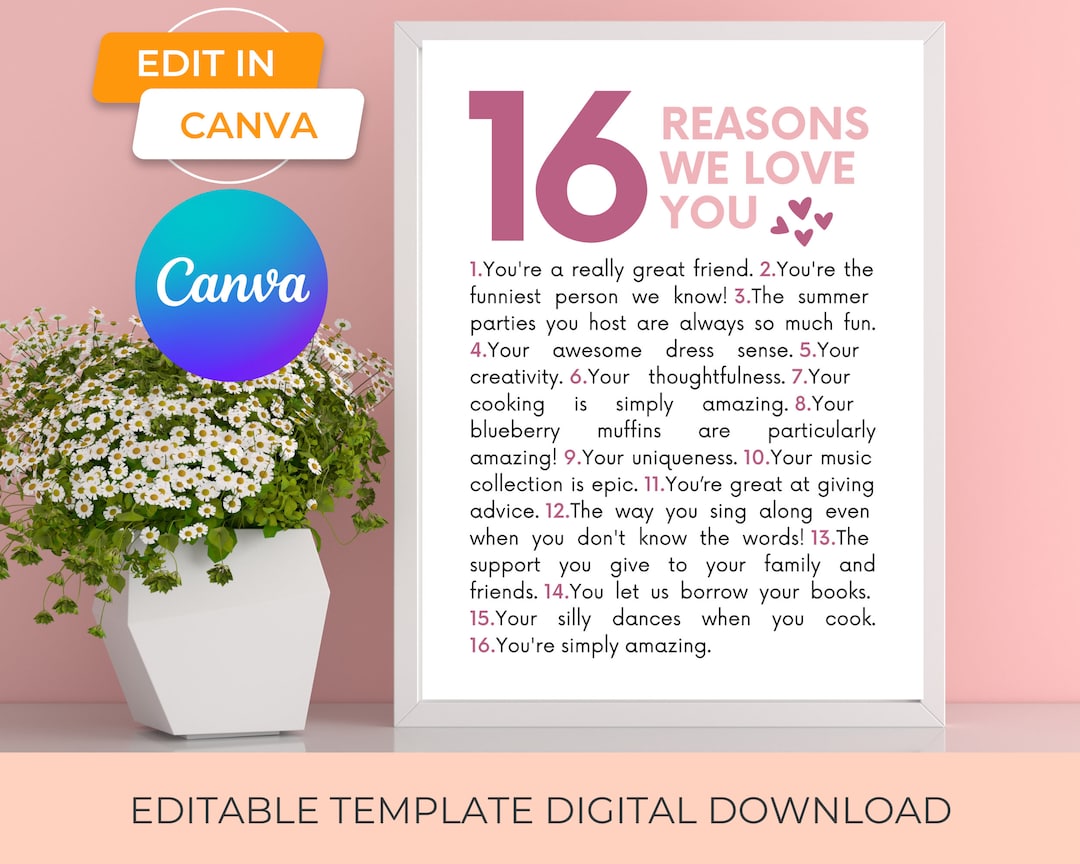 16 Reasons We Love You 16th Birthday Gift Canva Template, 16 Things We ...