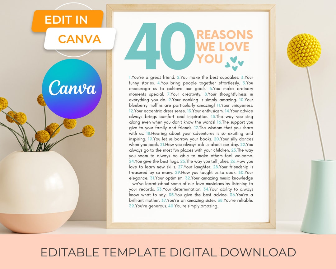 40 Reasons We Love You Canva Template Printable Wall Art, 40 Things We ...