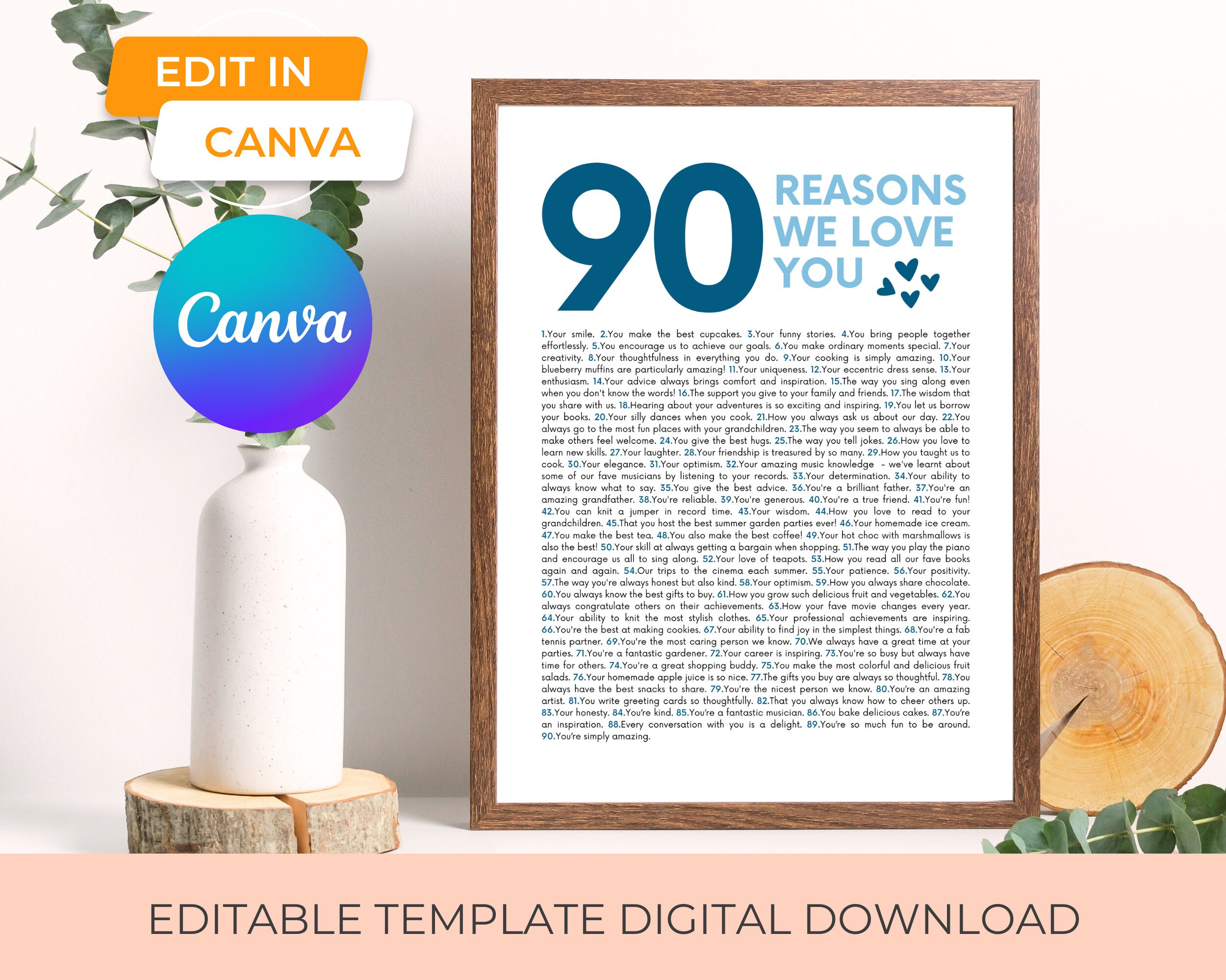 90 Reasons We Love You Canva Template Printable Poster Sign ...