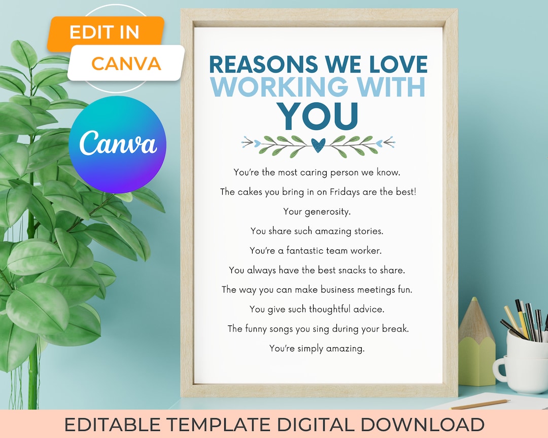 Reasons We Love Working With You Template Gift for Boss or Coworker ...