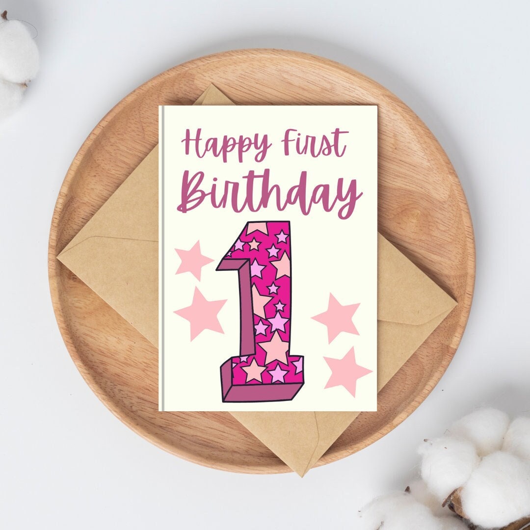 1st Birthday Card, Pink Girls Birthday Card, Birthday Card, Digital ...