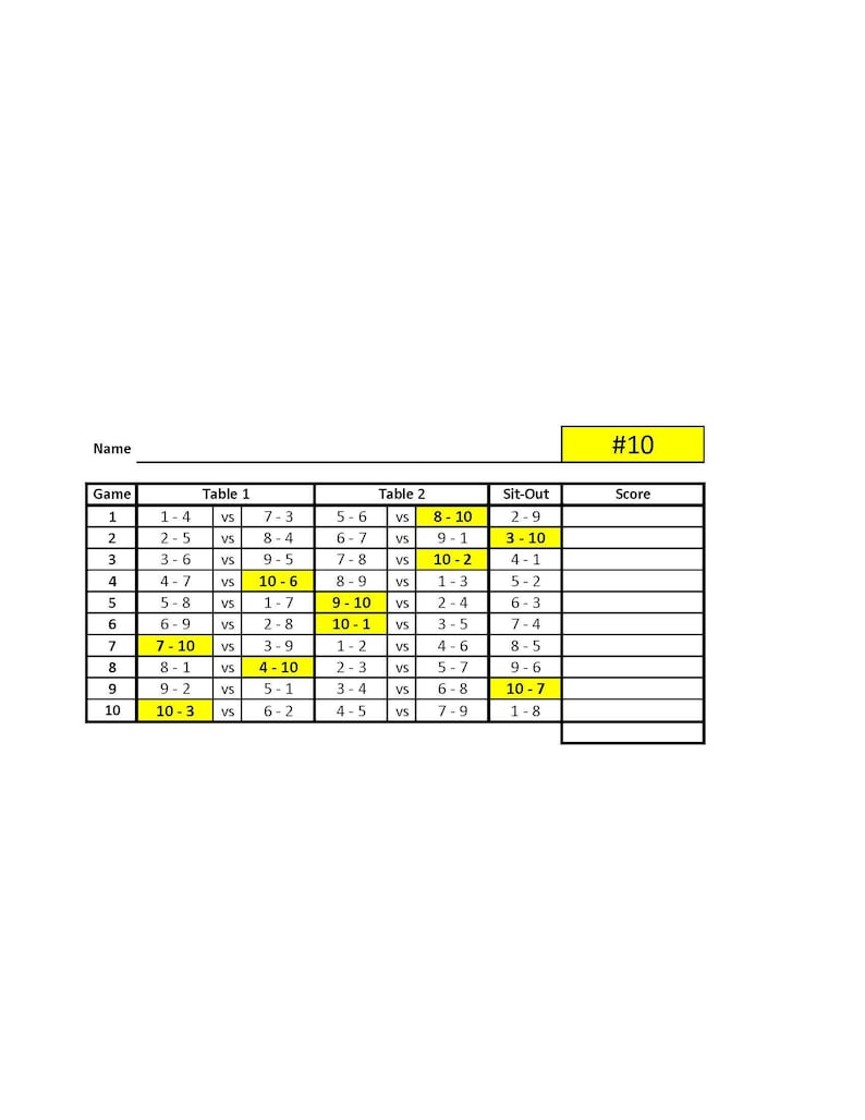 10-player Euchre Tournament Score Sheet and Rotations PDF Printable ...