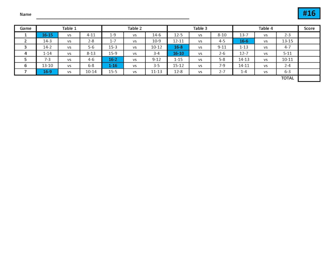 16-player Euchre Tournament Score Sheet and Rotations PDF Printable ...