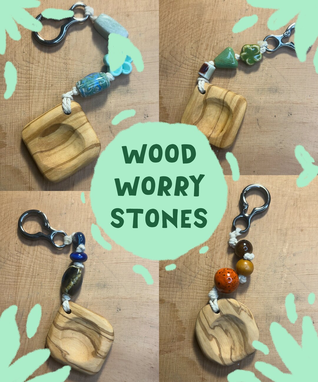 Wood Worry Stone Keychain Eco-friendly Stim Toy Hand Carved Olive Wood ...