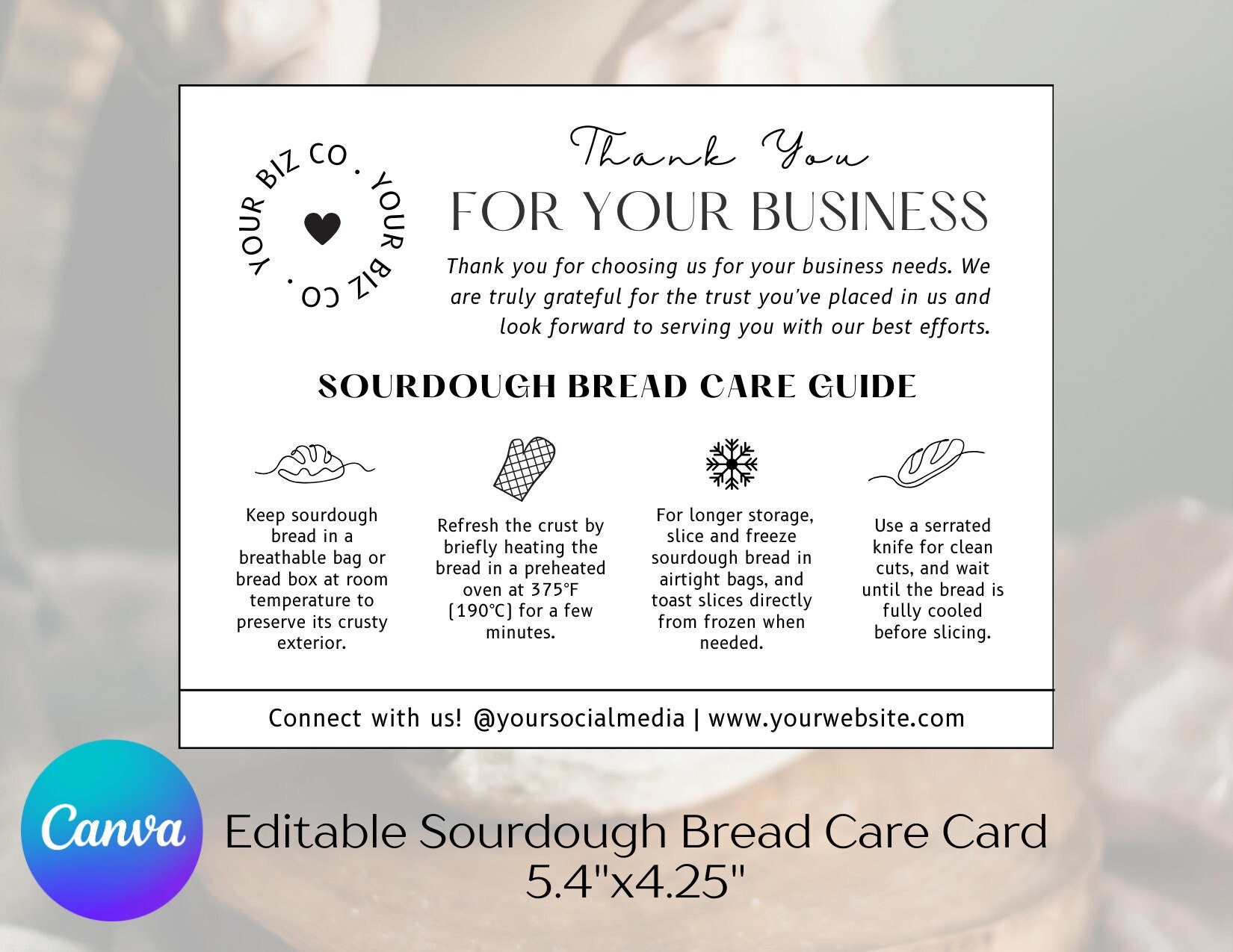 Sourdough Bread Care Card, Care Instructions, Bread Care Template ...