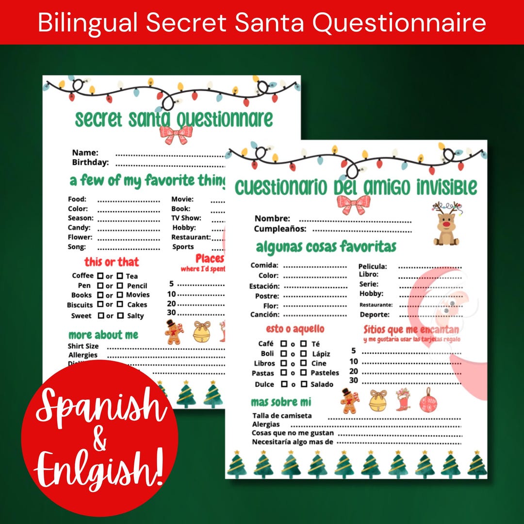 Bilingual Secret Santa Printable, Spanish Secret Santa Questionnaire ...