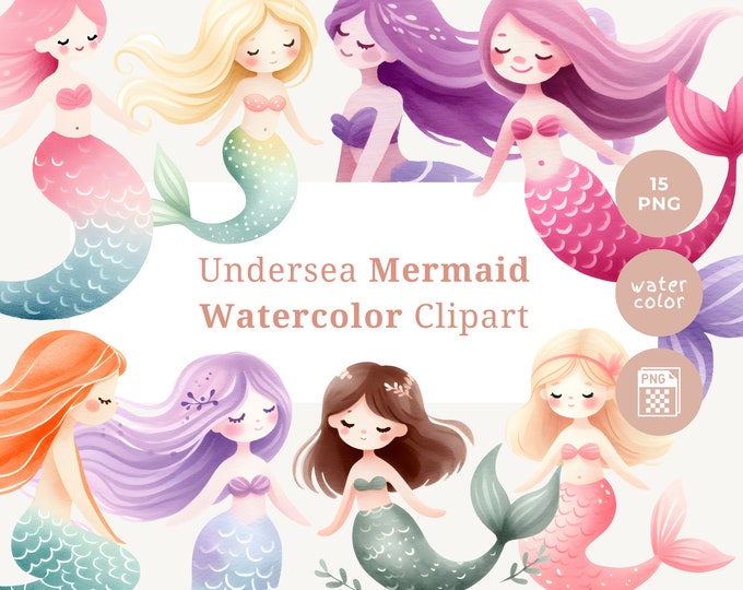 Watercolor Little Mermaid Clipart Bundle Cute Mermaids PNG Cute Sea ...