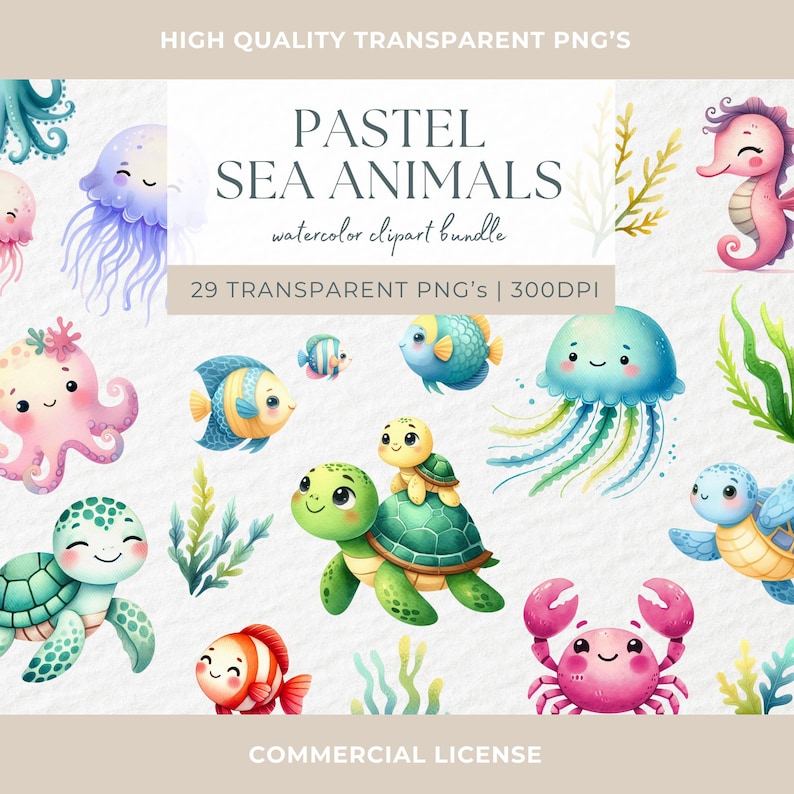 Little Sea Animals Clipart Cute Sea Creatures Digital PNG Files Turtle ...