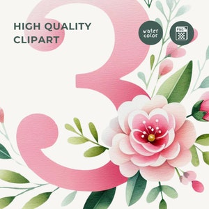 Watercolor Floral Numbers Collection Clipart Pink Flowers Planner ...