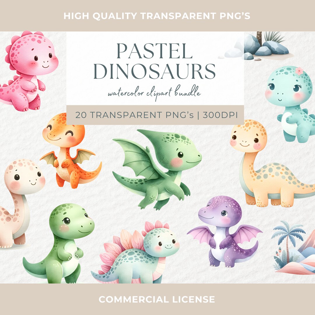 Cute Dinosaurs Clip Art Watercolor Clipart Dino Girls Nursery Dino ...
