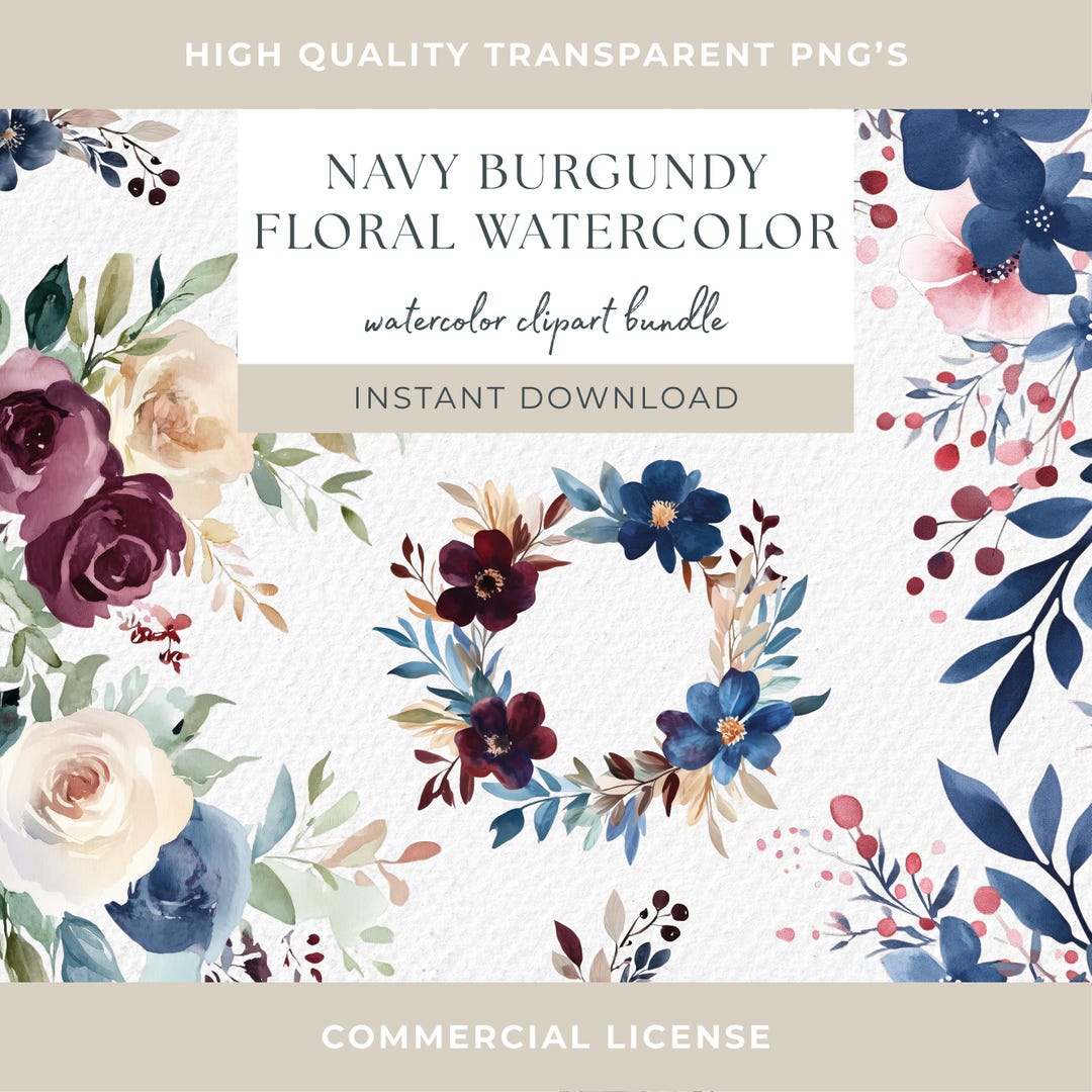 Burgundy Navy Watercolor Floral Clipart - Burgundy Blush - Navy Blush ...