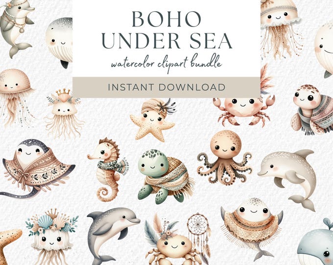 Boho Under the Sea Coral Clip Art Pastel Watercolor Clipart Cute Sea ...