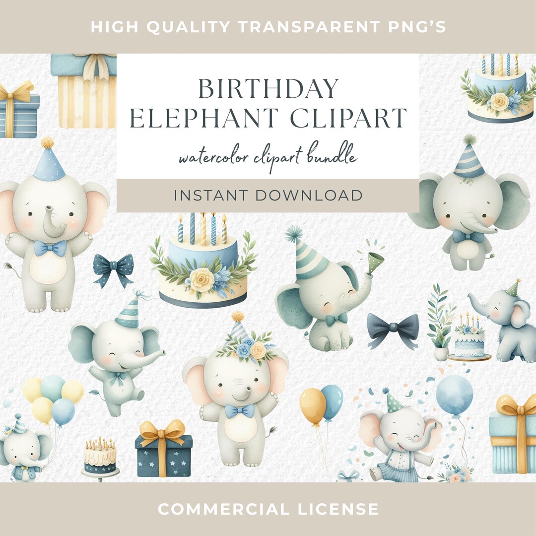 Bday Baby Elephant Clipart Watercolor Elephant Boy Baby Shower Clip Art ...