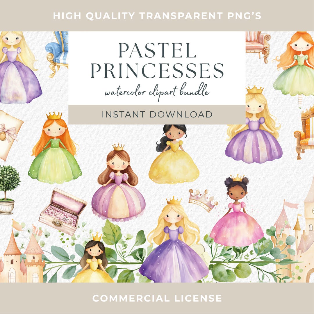 Pink Princesses Watercolor Clipart Pack Fairytale Castle & Carriage PNG ...
