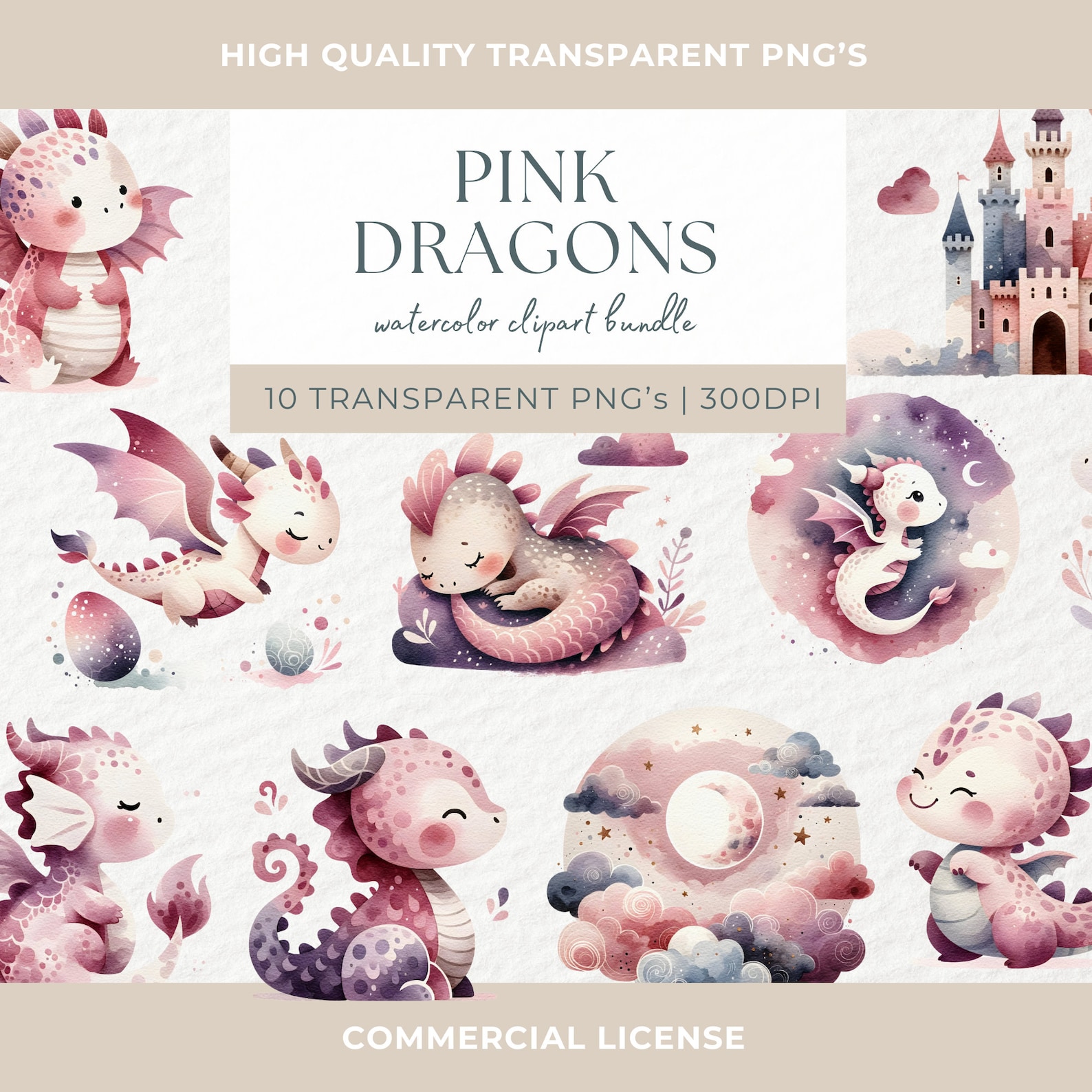 Girl Dragon Watercolor Clipart Cute Girly Dragons Girls Birthday Party ...