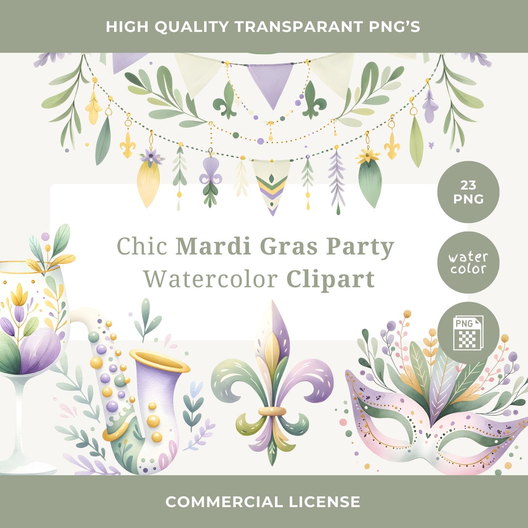 Chic Watercolor Mardi Gras Clipart Bundle Elegant Aquarelle Fleur De ...