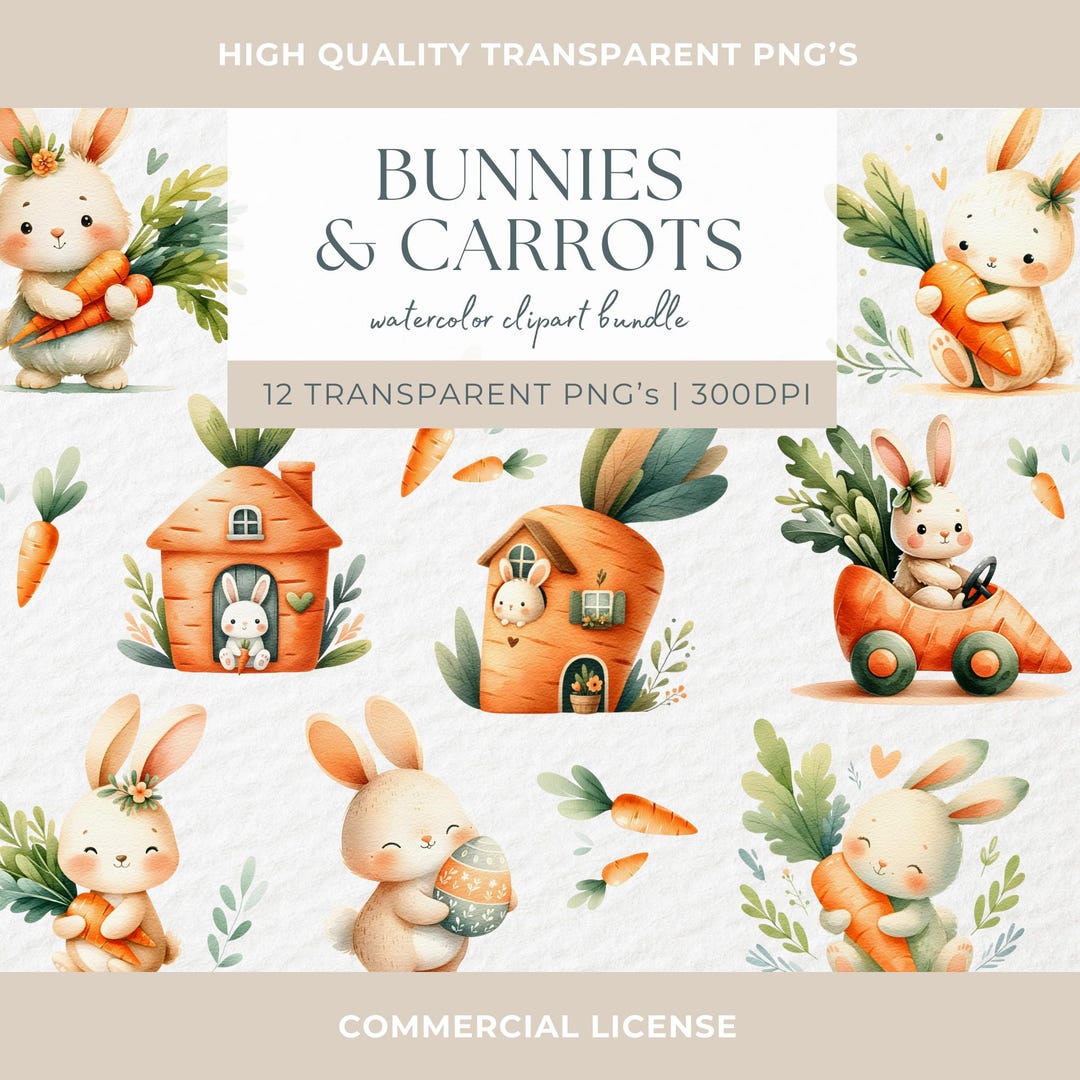 Cute Easter Bunny Carrot Clip Art Bundle Easter Rabbit PNG Spring ...