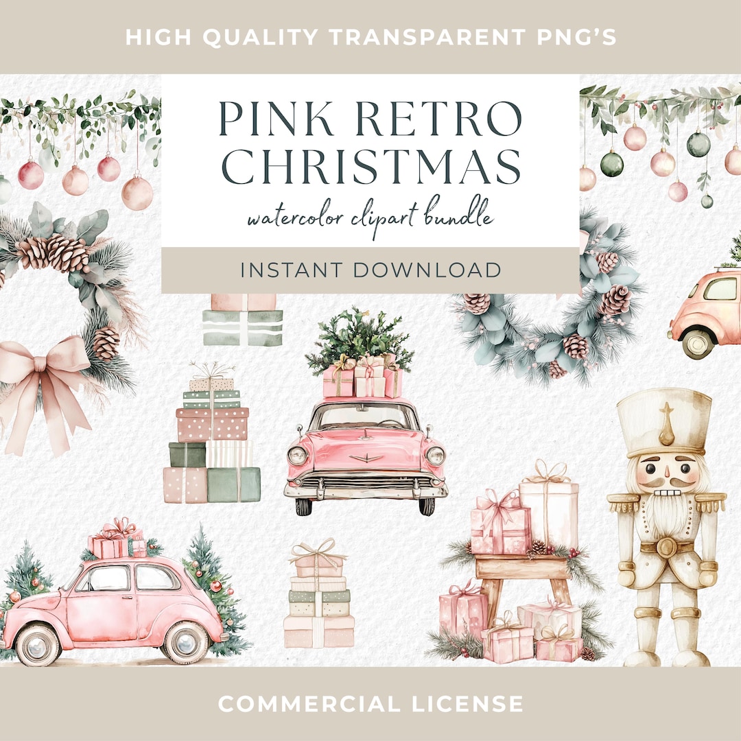 Pink Vintage Christmas Clipart Watercolor Pack Pink Christmas Boho ...