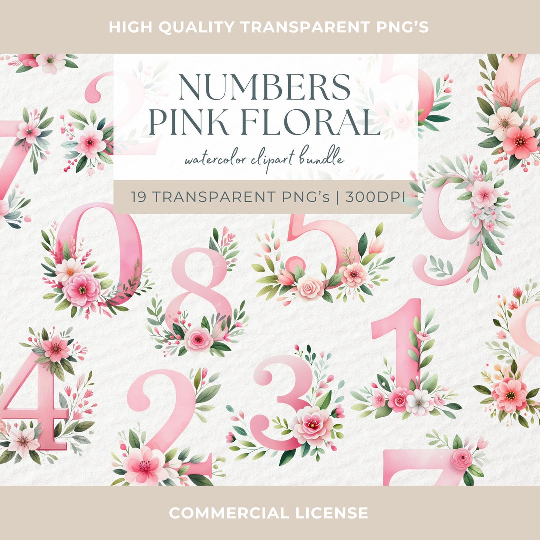 Watercolor Floral Numbers Collection Clipart Pink Flowers Planner ...