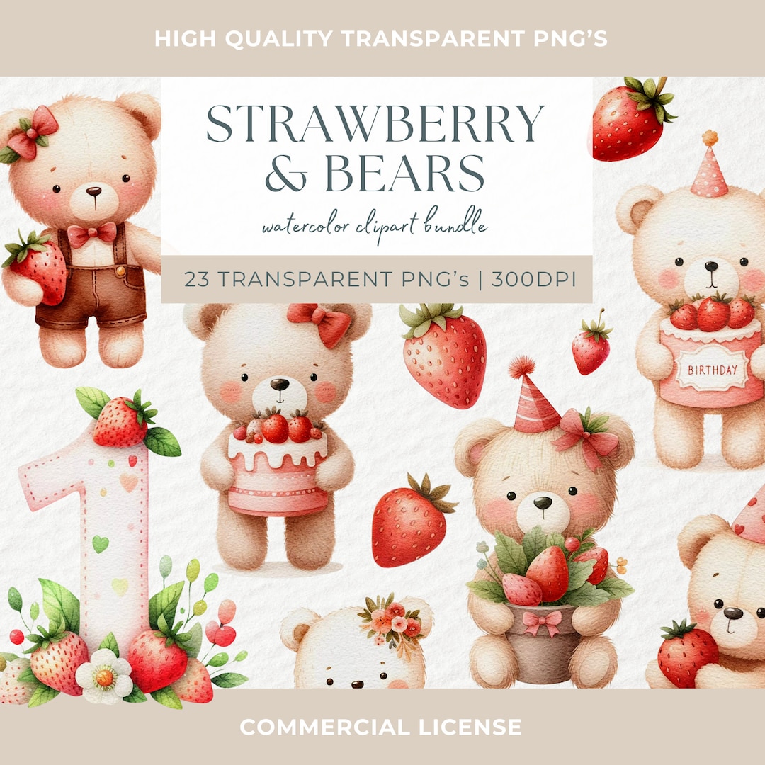 Watercolour Strawberry Clipart Cute Berry First Birthday Clipart Bundle ...