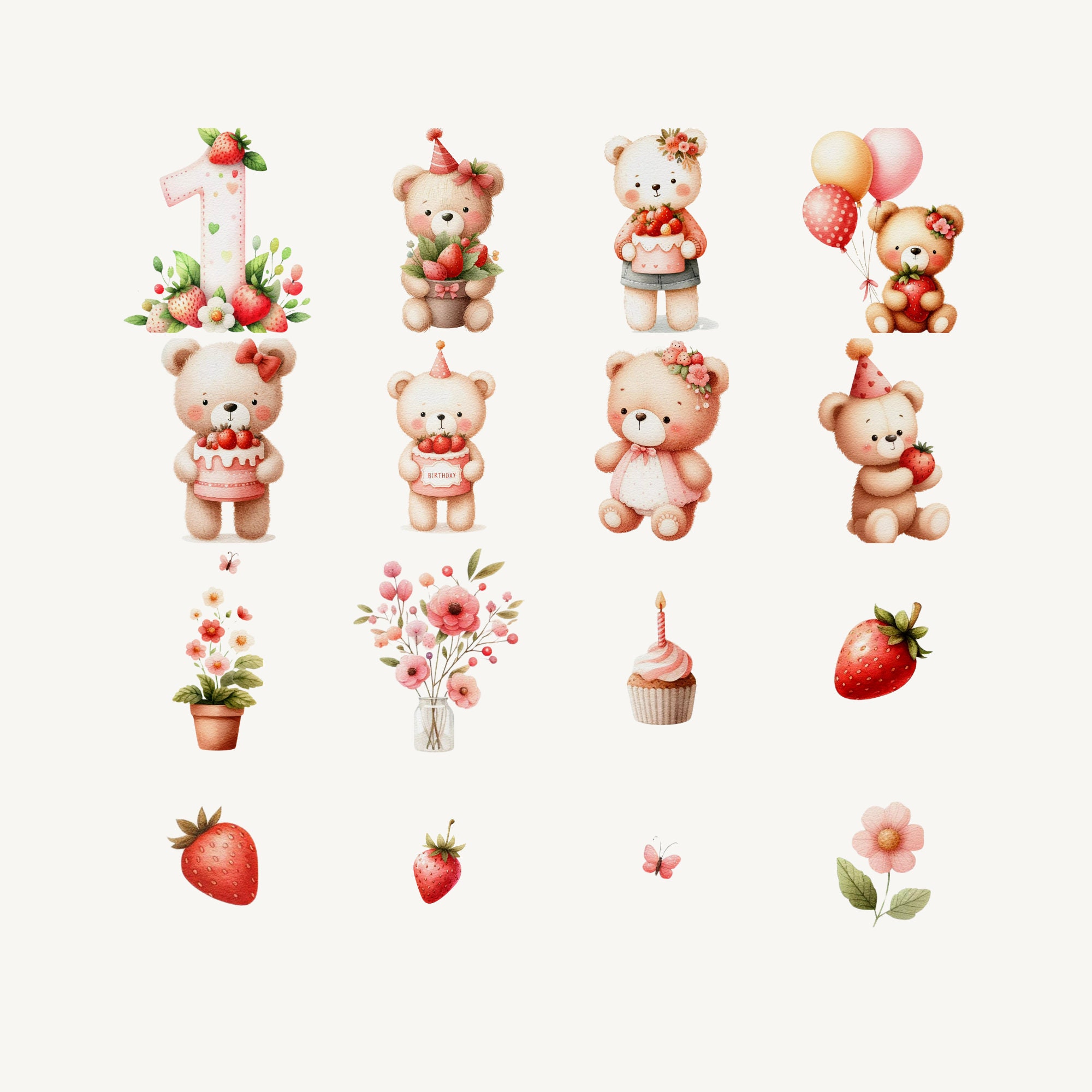 Watercolour Strawberry Clipart Cute Berry First Birthday Clipart Bundle ...