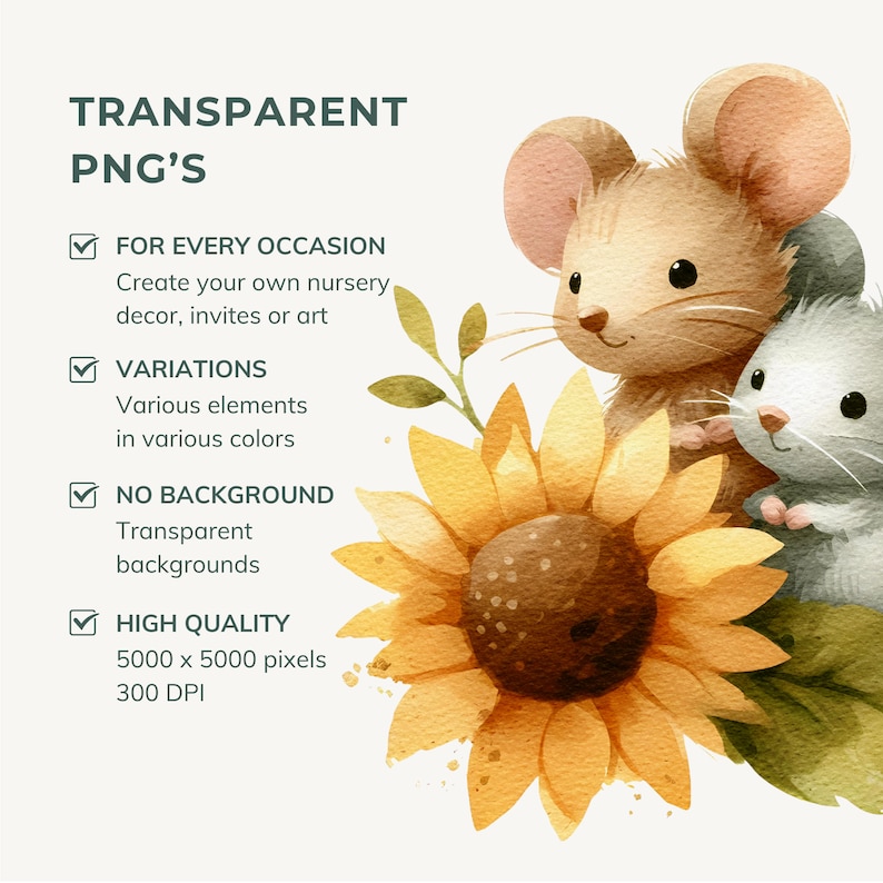 Mouse and Sunflower Clipart Set of 18, Spring and Summer Sun Flower PNG ...