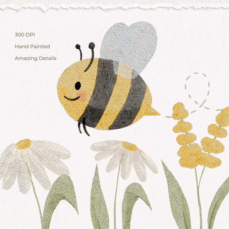 Boho Bee and Daisy Clipart Hello Spring clip art pintado à mão aquarela ...