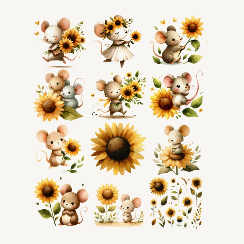 Mouse and Sunflower Clipart Set of 18, Spring and Summer Sun Flower PNG ...