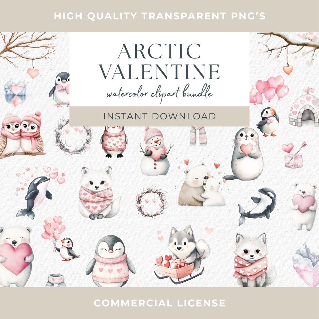 Watercolor Arctic Clipart Valentine Winter Wonderland Artic Animals ...