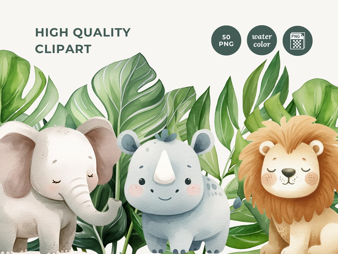 Cute Jungle Animals Clipart, Safari Baby Animal PNG, Watercolor Animal ...