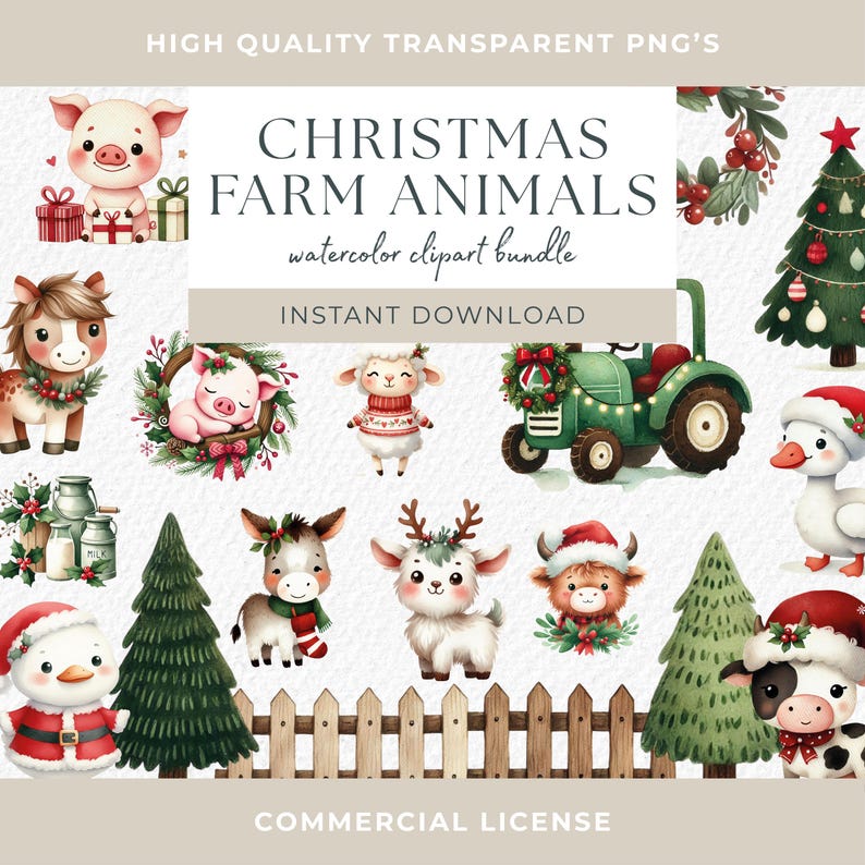 Farm Animals Christmas Clipart Watercolor Bundle, Cozy Christmas ...