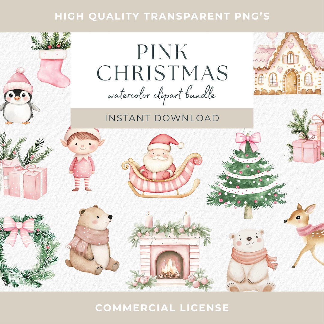 Pink Vintage Woodland Christmas Clipart Pack Watercolor Gingerbread ...