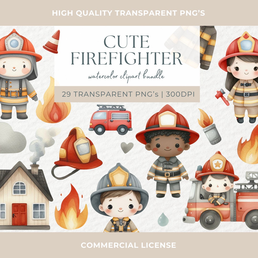 Boy Firefighter Clipart Bundle Watercolor Fire Department PNG Firemen ...