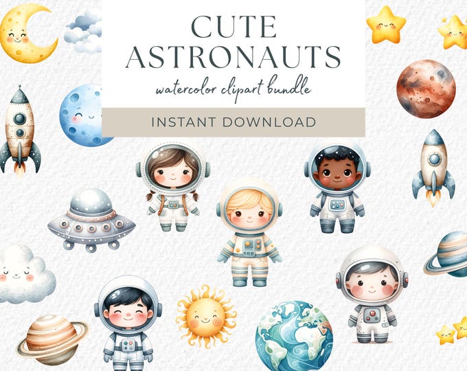 Cute Astronaut Watercolor Clipart Space Plants Clip Art Cute Astronaut ...