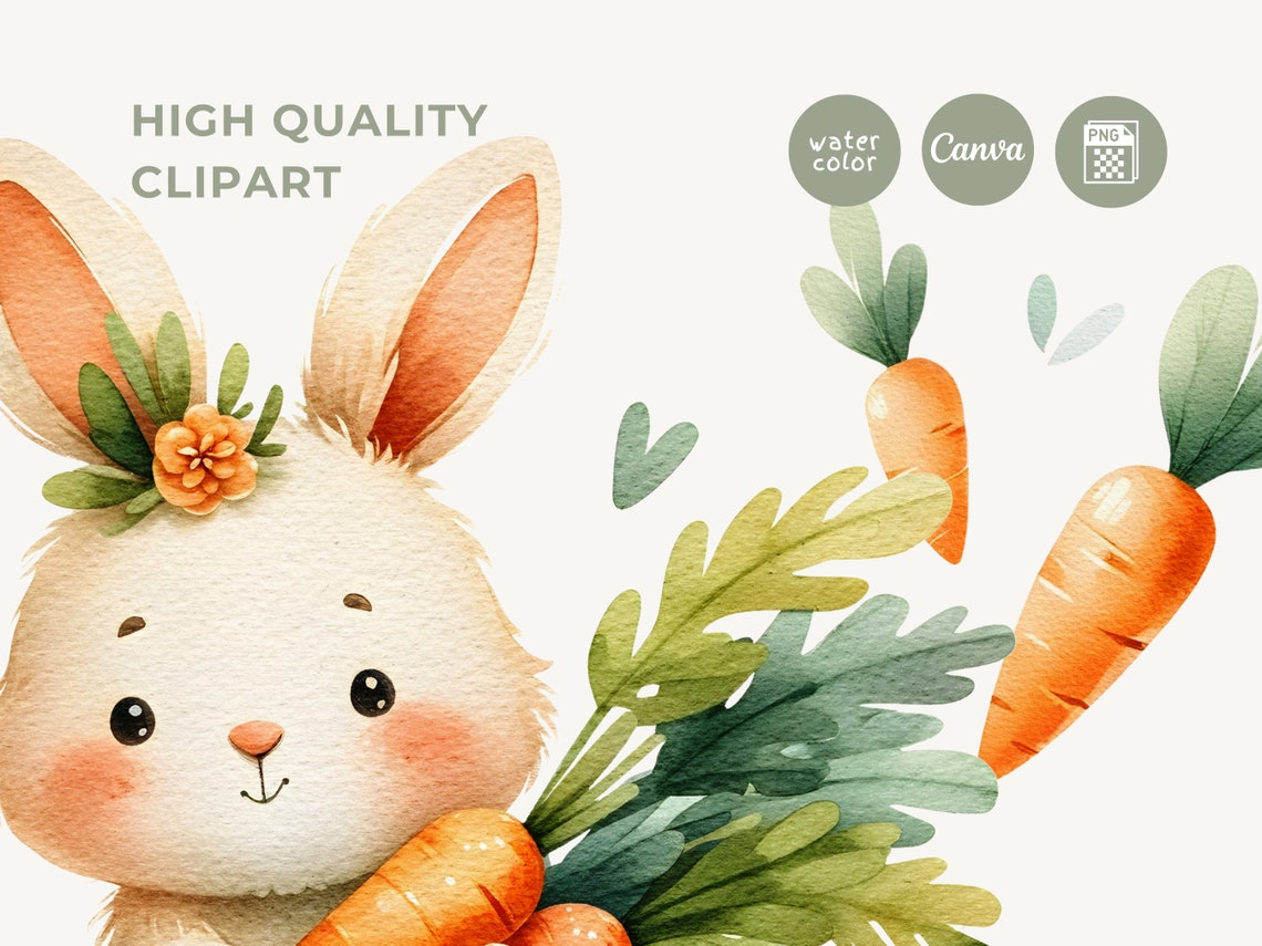Cute Easter Bunny Carrot Clipart Bundle, Easter Rabbit PNG, Spring ...