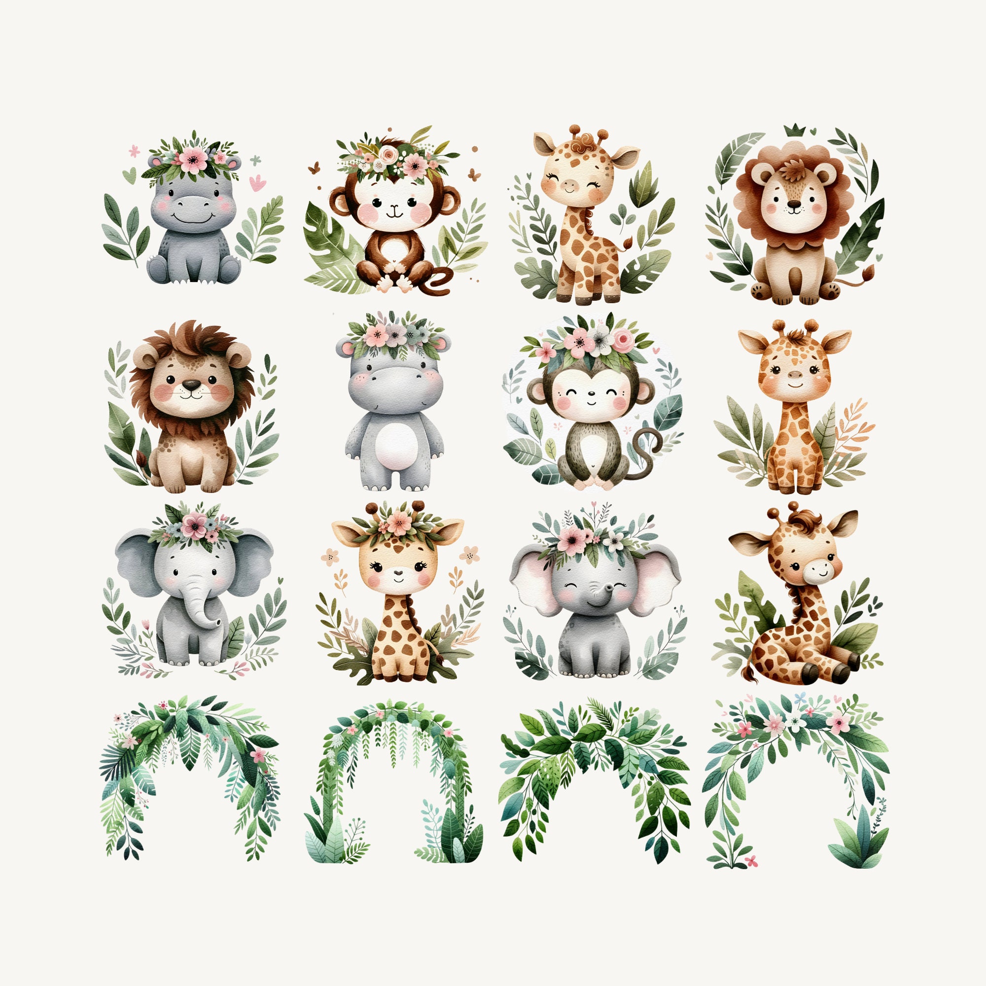 Floral Safari Clipart Safari PNG Neutral Girl Jungle Animals Nursery ...