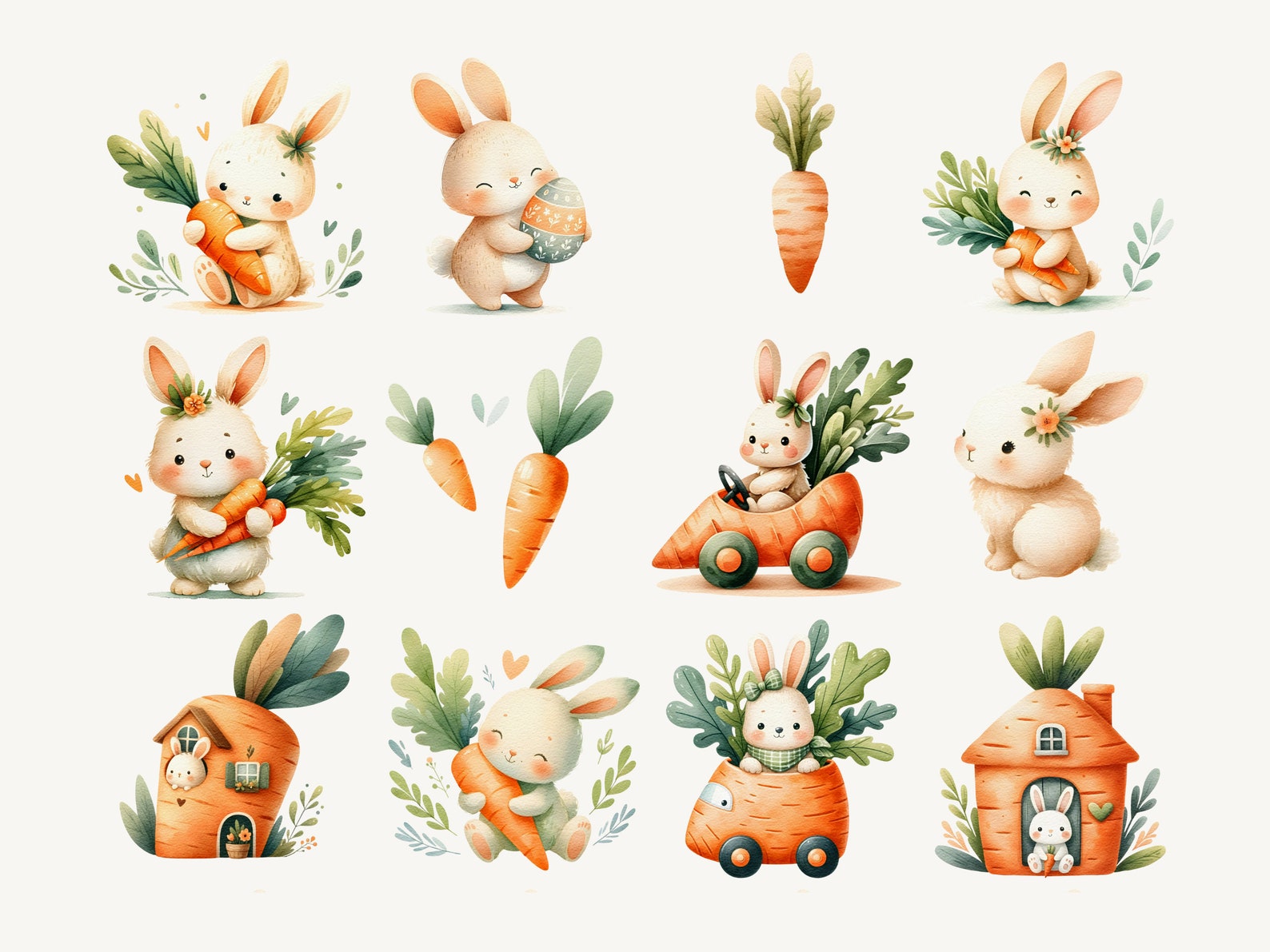 Cute Easter Bunny Carrot Clipart Bundle, Easter Rabbit PNG, Spring ...